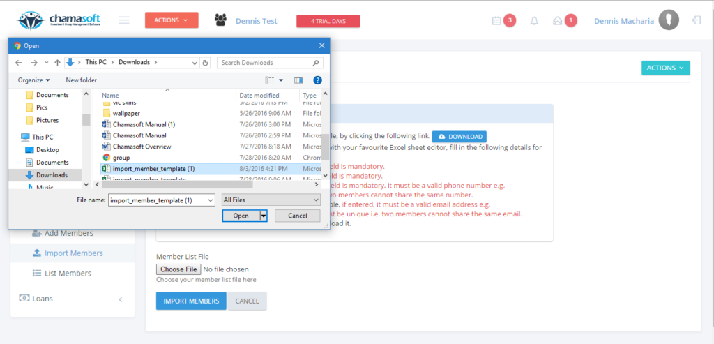 Importing Members Chamasoft